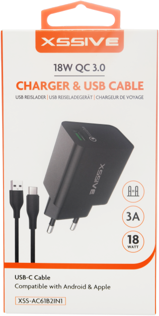 Xssive 18W QC Quick Charger & USB C-Cable XSS-AC61B2IN1 - Black | MondiParts B.V.