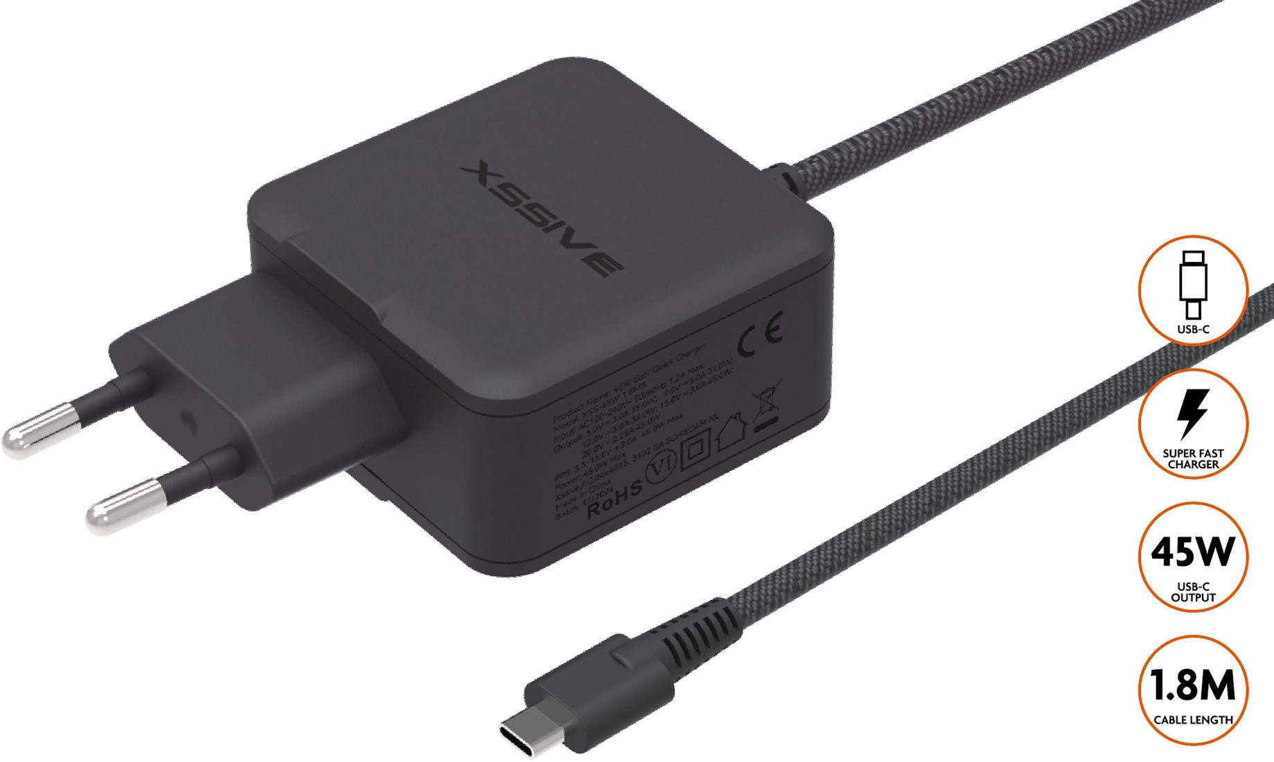 Xssive 45W GAN Super Fast Charging XSS-45W 1.8MB - Black | MondiParts B.V.