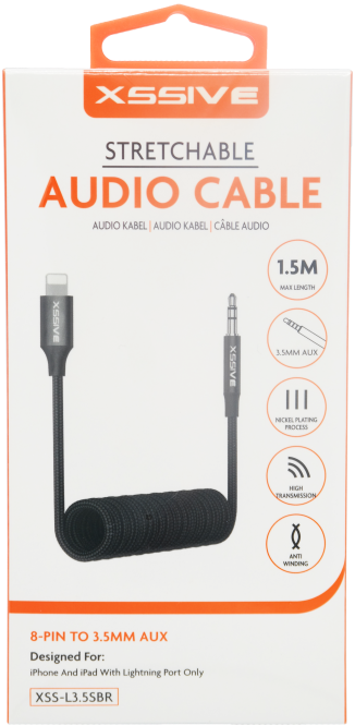 Xssive Stretchable Aux Cable 8-Pin to 3.5 Aux 1.5m. XSS-L3.5SBR ...